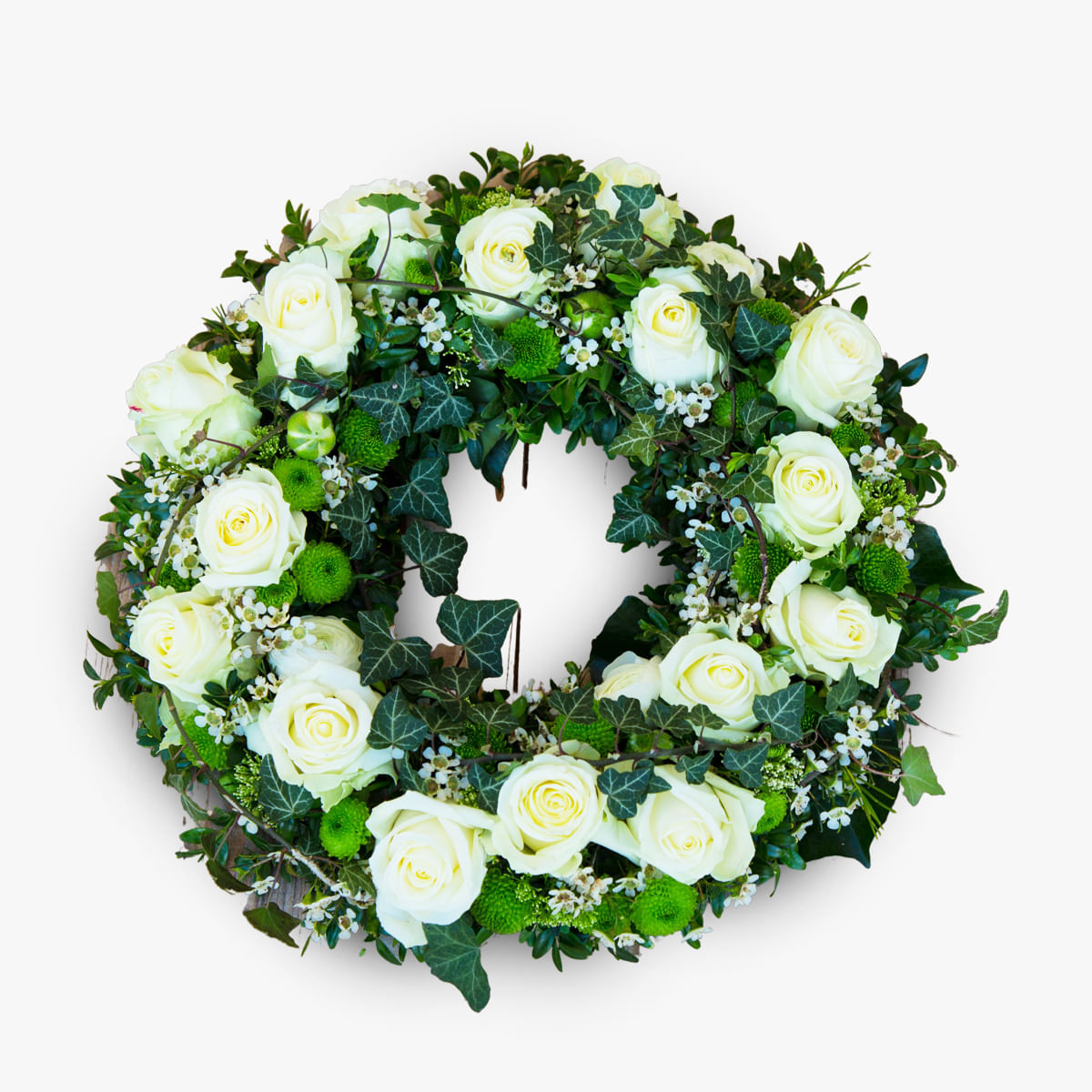 Coroana funerara cu 17 trandafiri, 4 santini, 5 wax - Floria.ro