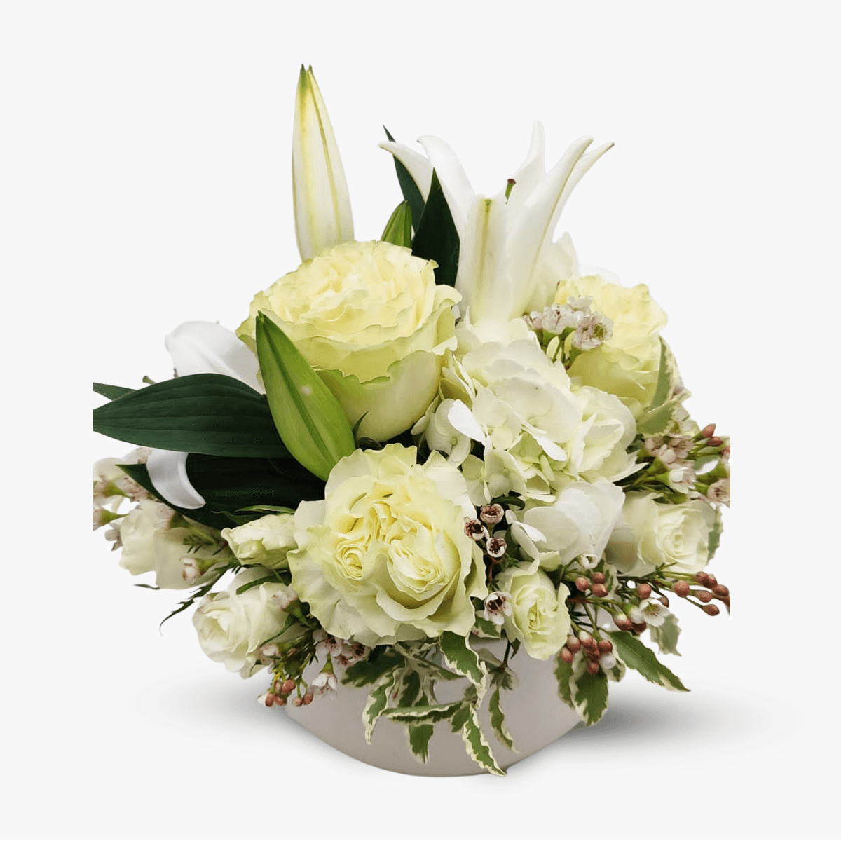 Puritate cu crin alb, minigerbera alb, hortensie, lisianthus, wax ...