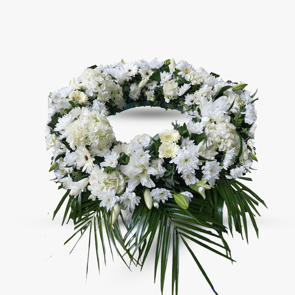 Coroana funerara cu hortensia alba, gerbera alba, crin si verdeata ...
