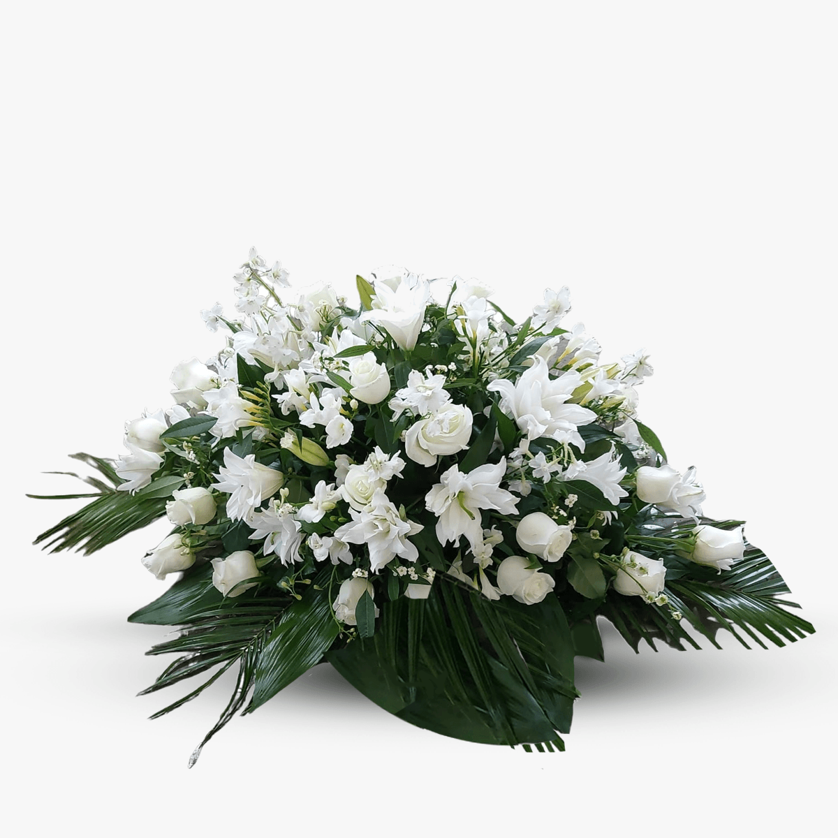 Aranjament funerar Alb Simplu cu 15 trandafiri albi, 5 crin alb, 10 ...