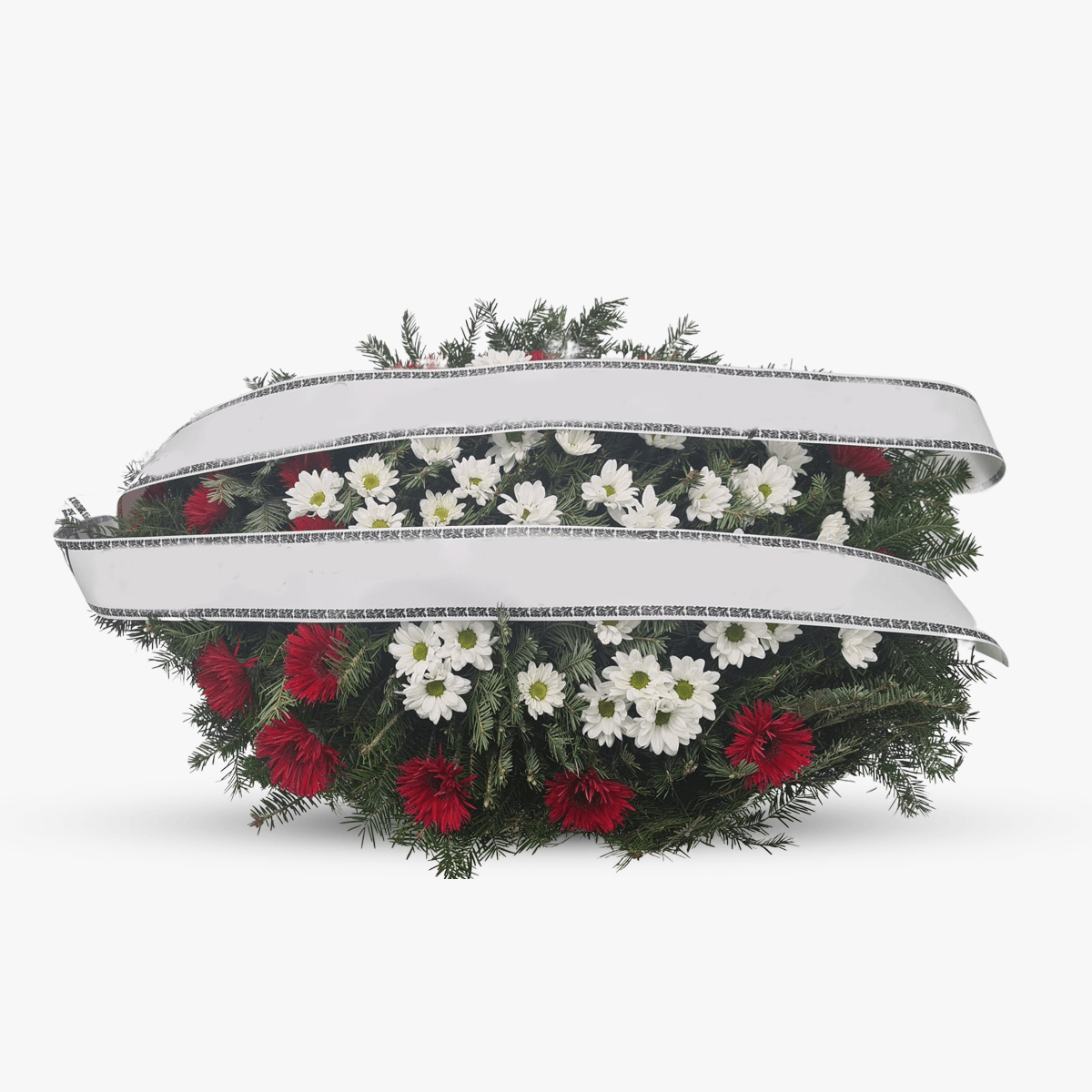 Coroana funerara cu 25 de garoafe rosii, 25 de garoafe albe - Floria.ro