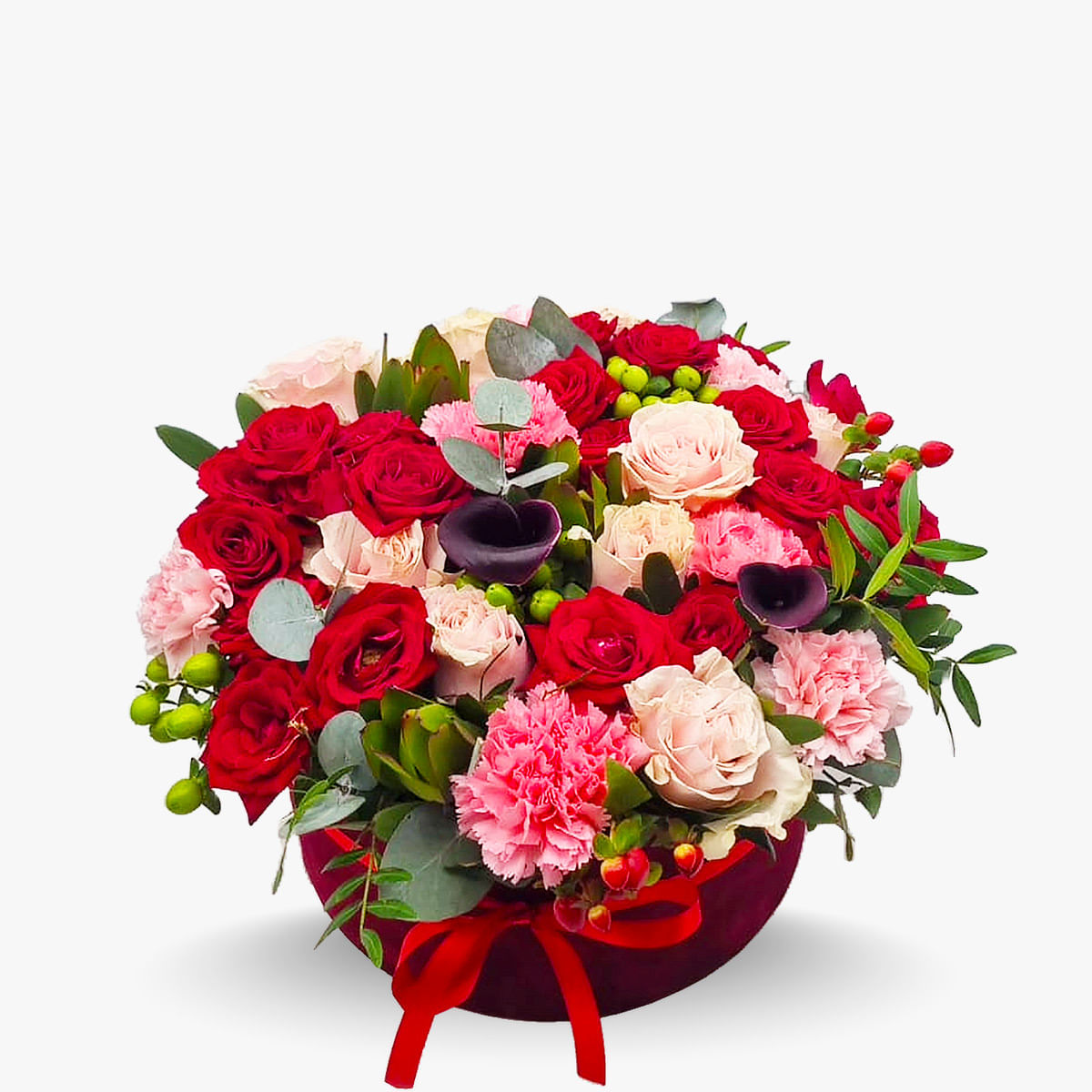 Aranjament cu 9 trandafiri rosii, minirosa rosu, cale roz, 3 wax ...